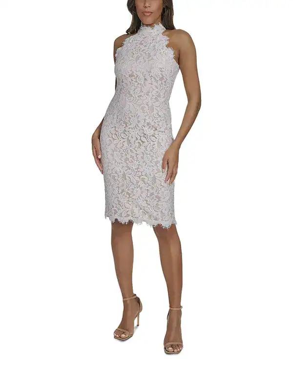 Eliza J Lace Halter Mock Neck Sheath Dress - Ivory/Beige