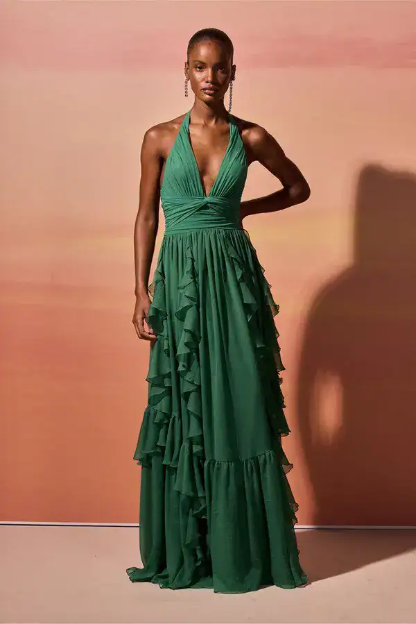 halter low cut dress Anaisa Orange Plunge Halter-Neck Midi Dress – Club L London main image 0