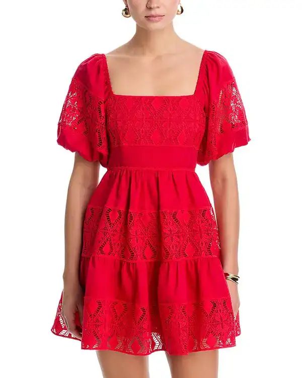Aqua Lace Inset Puff Sleeve Mini Dress - Red | Editorialist