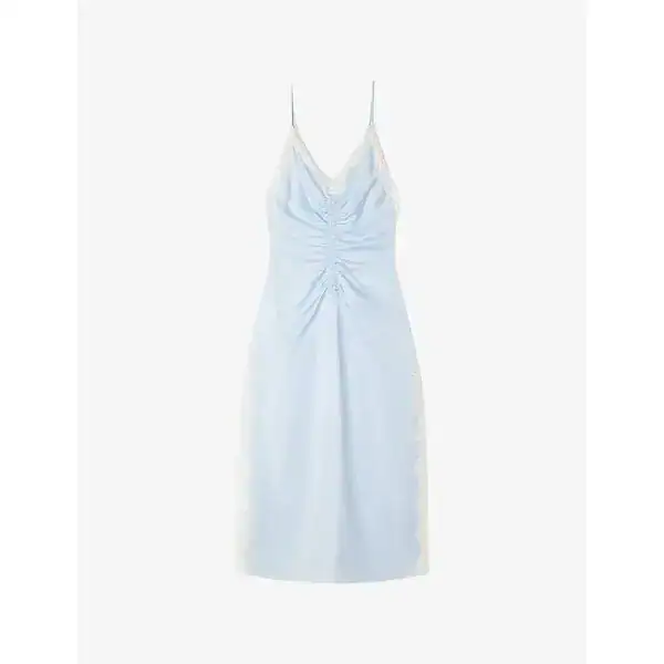 Sandro V-Neck Lace-Trim Satin Midi Dress - Sky Blue | Editorialist