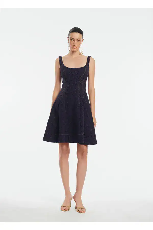 Lela Rose Stretch Denim Seamed Dress - Blue / Navy | Editorialist