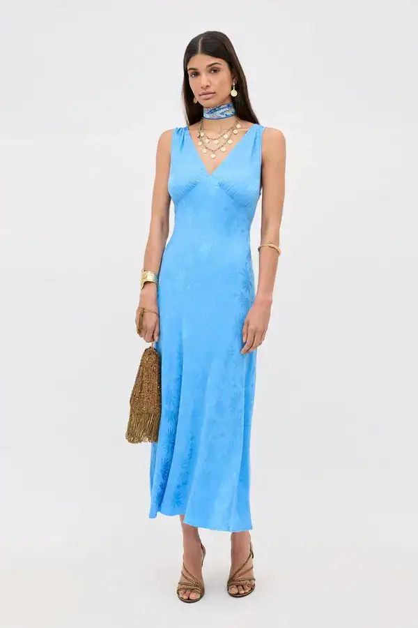 Rixo Sandrine Daisy Jacquard V-Neck Midi Dress - Blue | Editorialist