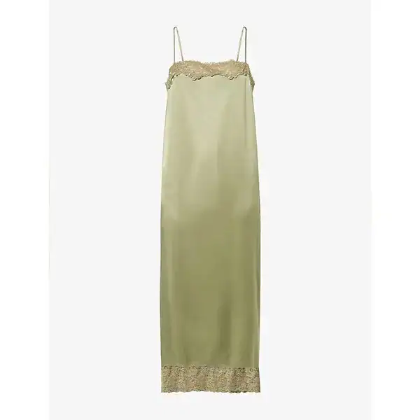 Reformation Lace-Trim Silk Midi Dress - Artichoke | Editorialist
