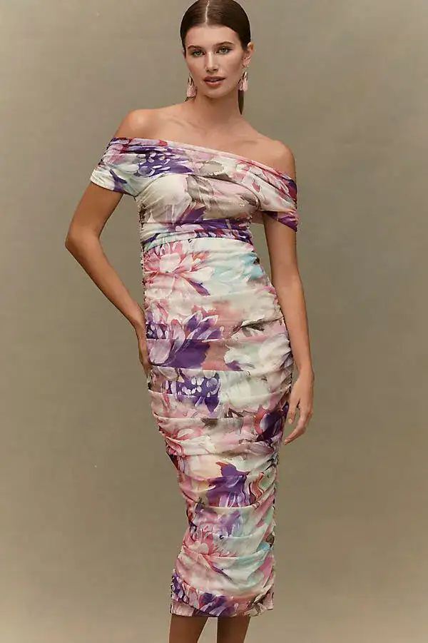 Bhldn Stretch Mesh Off-Shoulder Maxi Dress - Lavandar Abstract Floral |  Editorialist