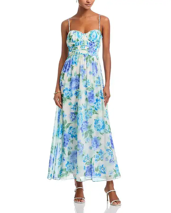 Aqua Floral Sleeveless Maxi Dress - White/Blue - 40% Off