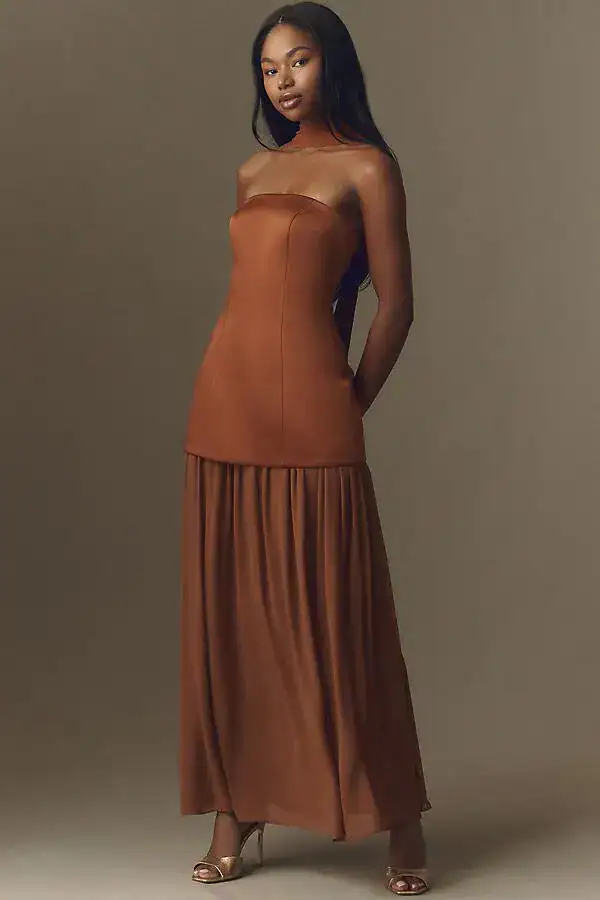 Mare Mare Strapless Stretch Satin Chiffon Maxi Dress - Brown | Editorialist
