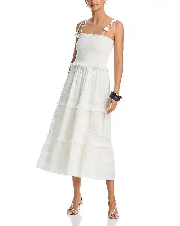 embroidered smocked midi dress Chambray Embroidered Smocked Midi Dress main image 1