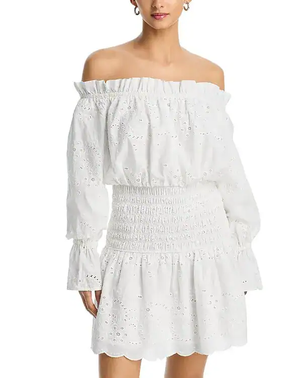 Aqua Embroidered Smocked Mini Dress - White | Editorialist
