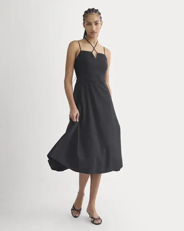 Everlane Tie-Neck Stretch Linen Midi Dress - Black | Editorialist