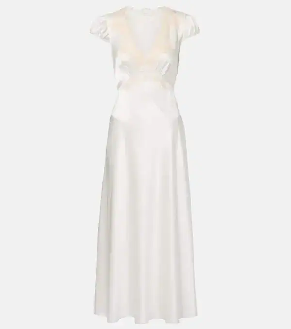 DEn Coraline Lace-Trimmed Silk Midi Dress - White | Editorialist