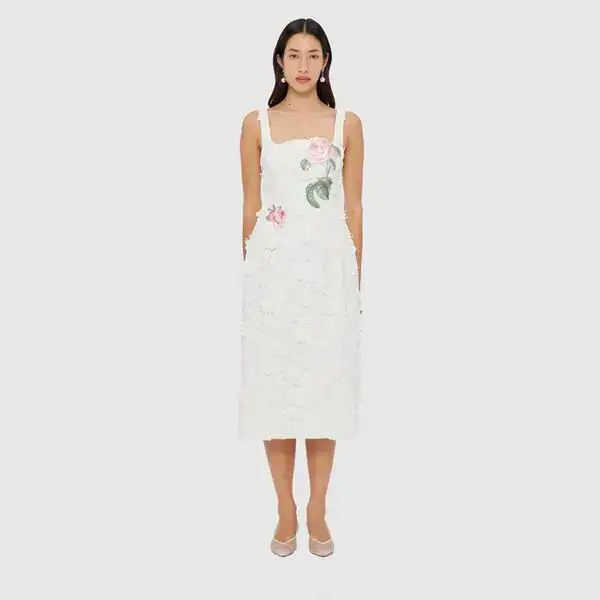 Leo Lin Larissa Embroidered Lace Midi Dress - Snow - 50% Off | Editorialist