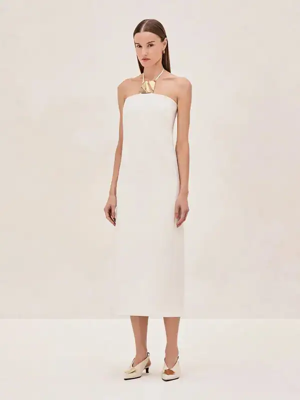 Alexis Sezane Midi Dress With Halter Neckline And Gold Square Detail In  Ivory | Editorialist