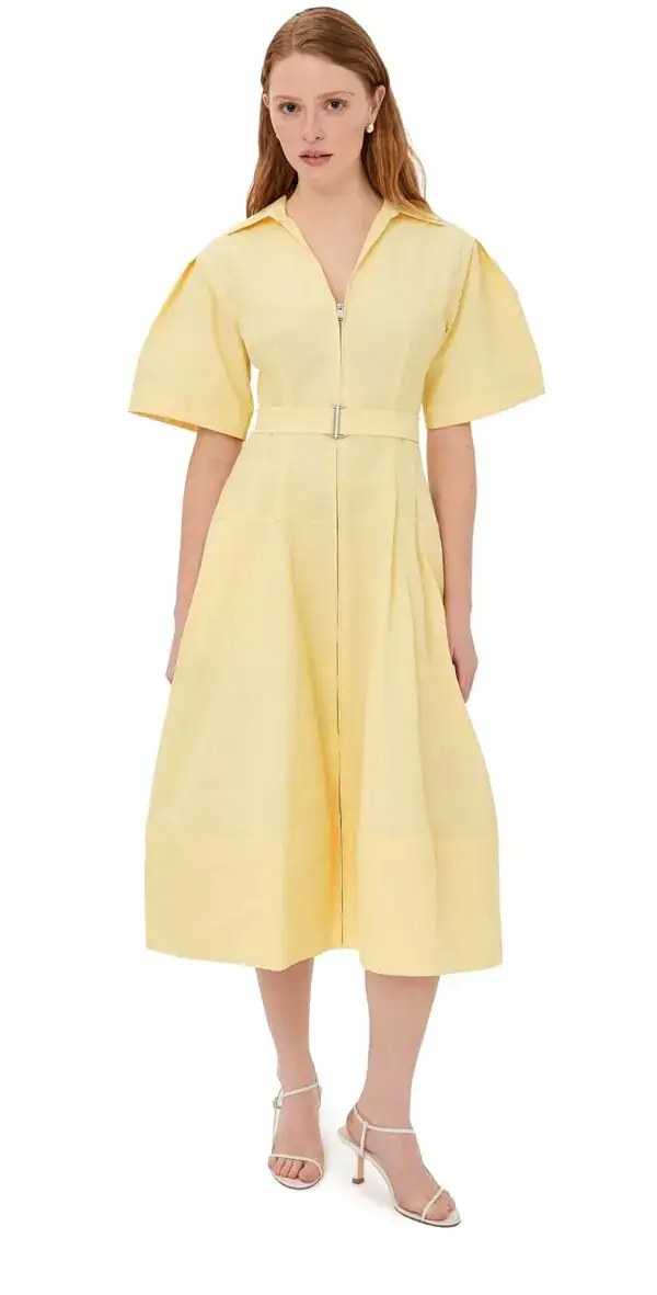 knee length dresses for ladies The Shanda Embroidered Button-Up Midi Dress in Buttercream – Piper & Scoot main image 0