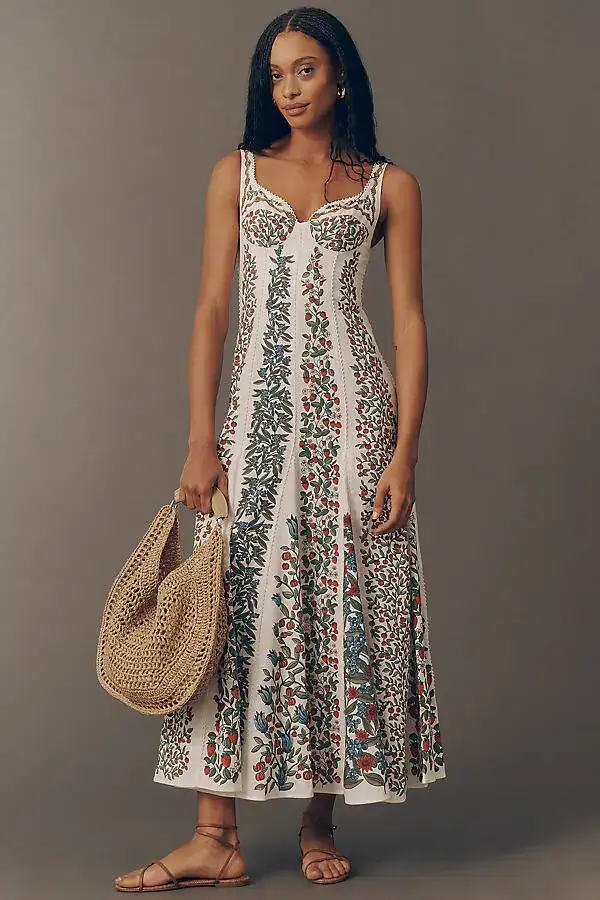 Farm Rio Linen Sweetheart Midi Dress - Fruit Beauty Off-White | Editorialist