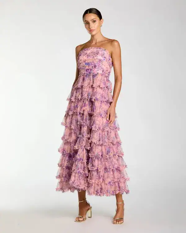 Mac Duggal Floral Ruffle Tiered Strapless Midi Dress - Orchid Multi |  Editorialist