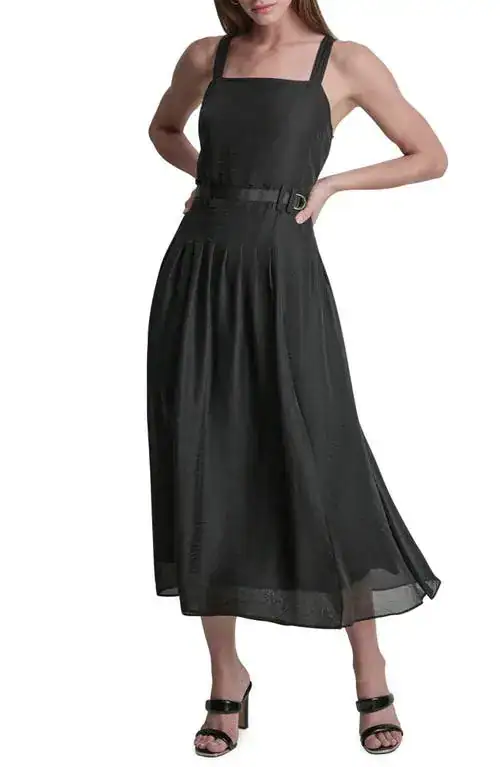 Dkny Belted Pleated Midi Dress - Navy | Editorialist