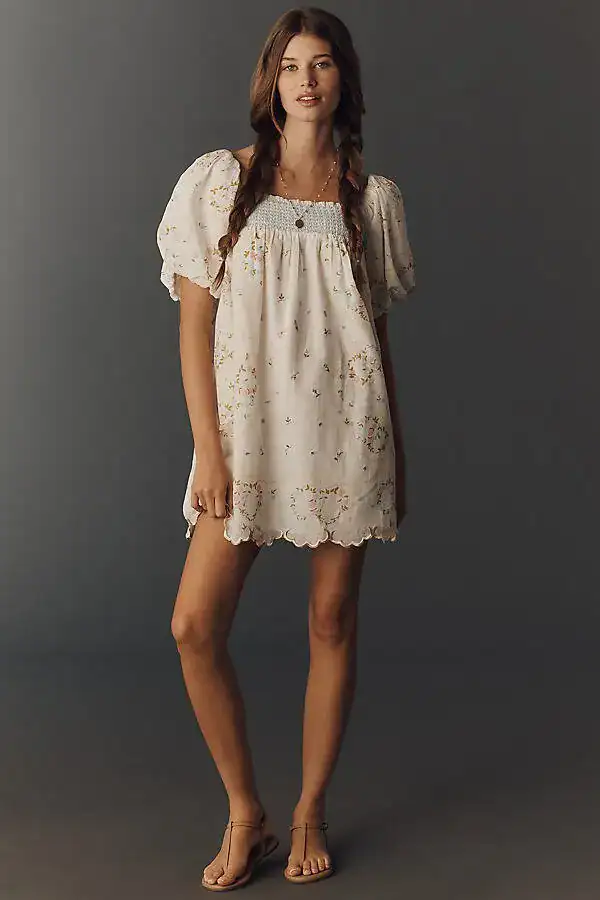 Anthropologie Embroidered Puff-Sleeve Babydoll Dress - Ivory Floral |  Editorialist