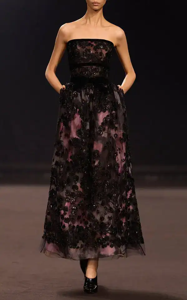 Elie Saab Embroidered Tulle Midi Dress - Black | Editorialist