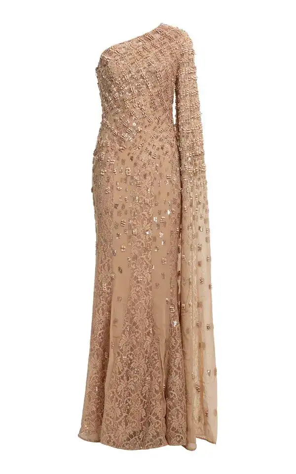 Elie Saab Beaded Silk Georgette Lace Maxi Dress - Tan | Editorialist
