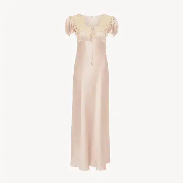 Chlo Puff-Sleeve Column Dress With Lace Inserts - Rose Dust | Editorialist