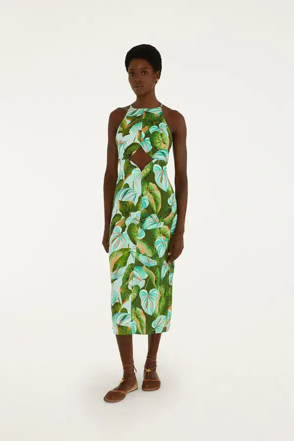 Farm Rio Anthurium Linen Midi Dress - Anturium Leaves Green | Editorialist
