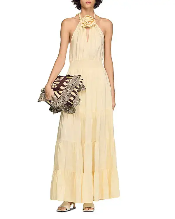 Sandro Floral Detail Linen Blend Maxi Dress - Vanilla | Editorialist