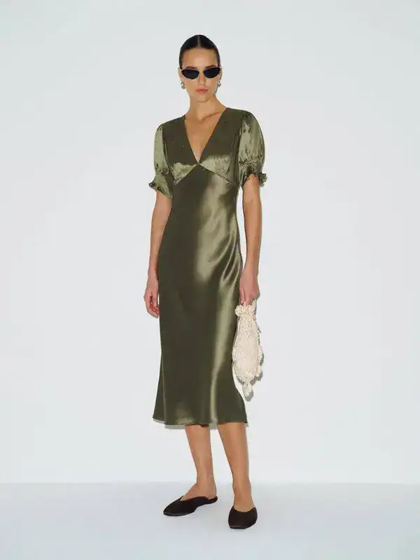 green silk midi dress with sleeves Pure Silk Midi Dresses Long Sleeve Button Down Silk Shirt Dress Green / S main image 0