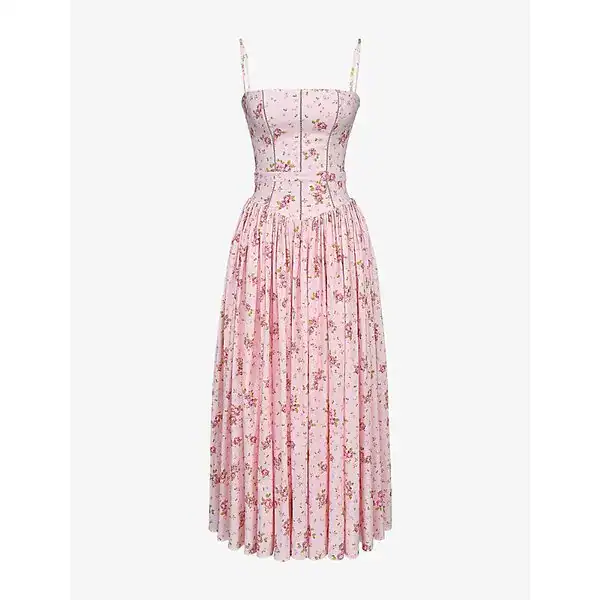 House Of Cb Ysabella Floral-Print Stretch-Cotton Midi Dress - Pink Vintage Rose