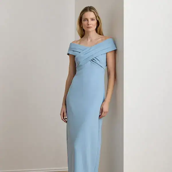 Lauren Ralph Lauren Crepe Off-the-Shoulder Gown - Blue Note - Size 2