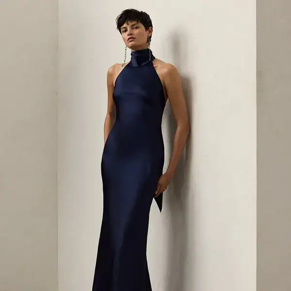 Ralph Lauren Chilton Stretch Satin Evening Dress - Lux Navy | Editorialist