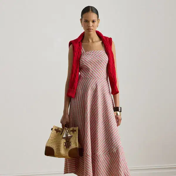 Ralph Lauren Striped Linen Fit-And-Flare Dress In Red/Cream/Navy |  Editorialist