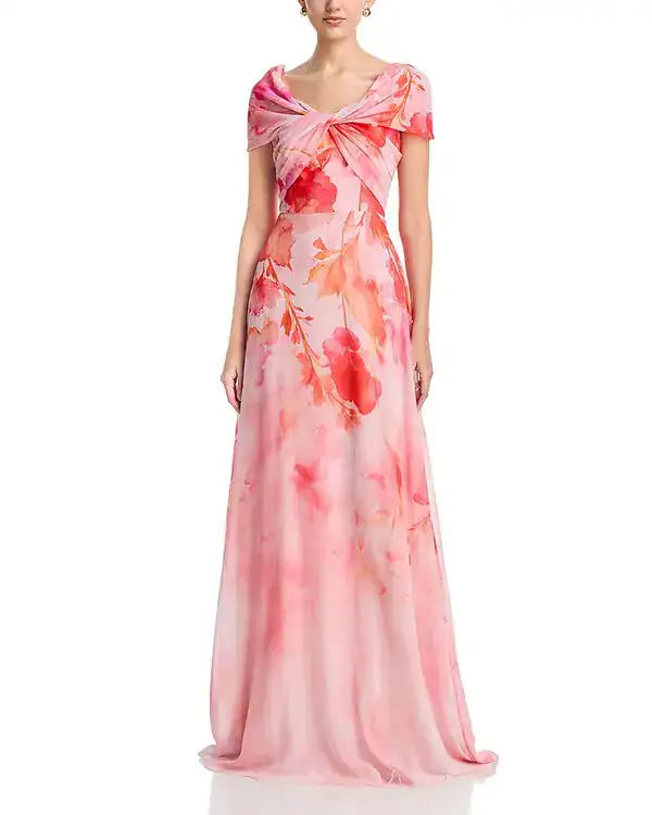 sachin and babi light blue dress Rickie Freeman For Teri Jon Chiffon Off Shoulder Gown - Coral Multi