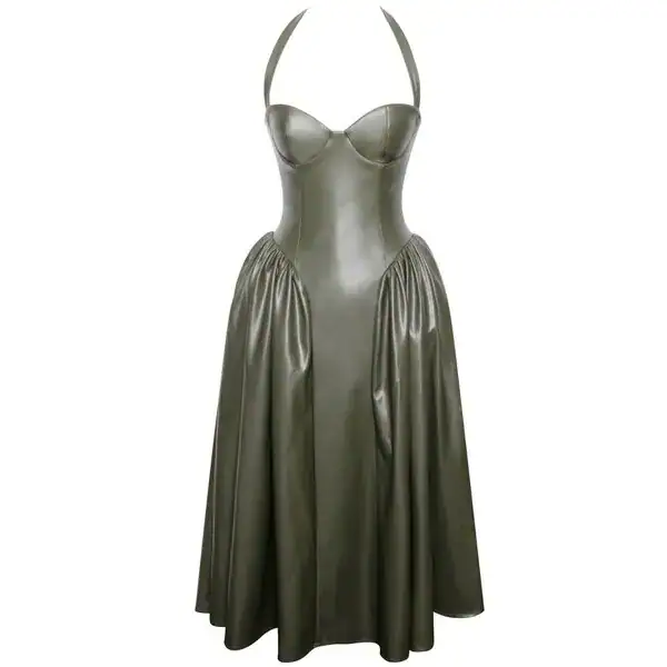Miss Circle New York Vegan Leather Halterneck Midi Dress In Green - 35% Off  | Editorialist