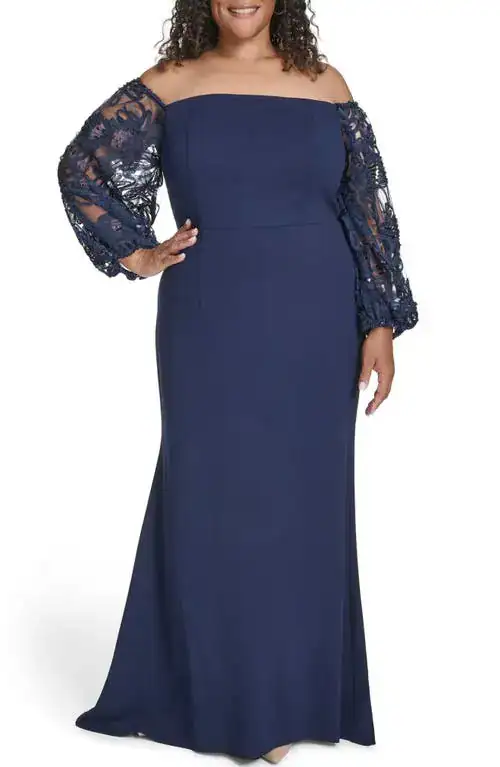 Eliza J Off The Shoulder Lace Long Sleeve Gown - Navy | Editorialist