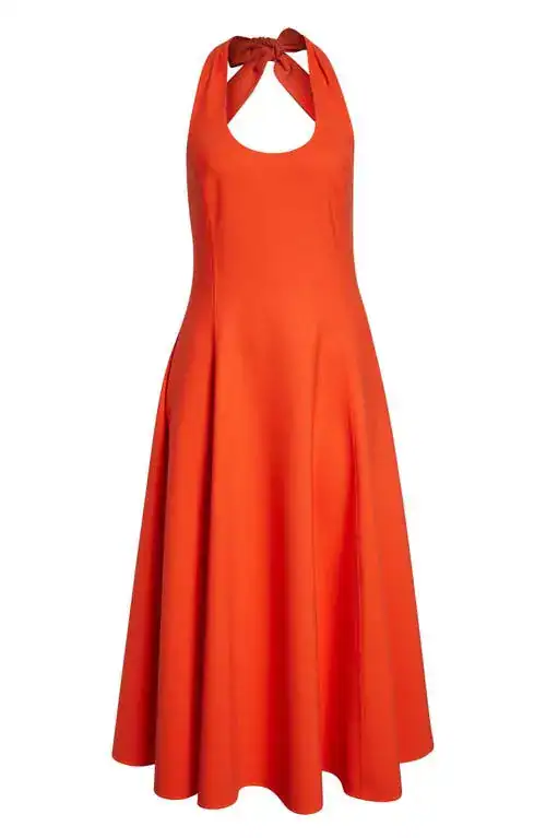 Oscar De La Renta Halter Neck Stretch Wool Fit & Flare Dress - Paprika |  Editorialist