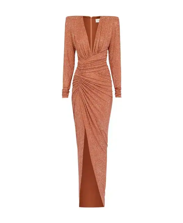 Alexandre Vauthier Microcrystal-Embellished Ruched Gown - Brown |  Editorialist