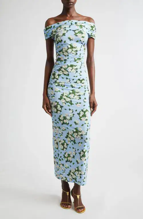 Carolina Herrera Off-The-Shoulder Floral Print Jersey Maxi Dress - Cloudy  Blue Multi | Editorialist