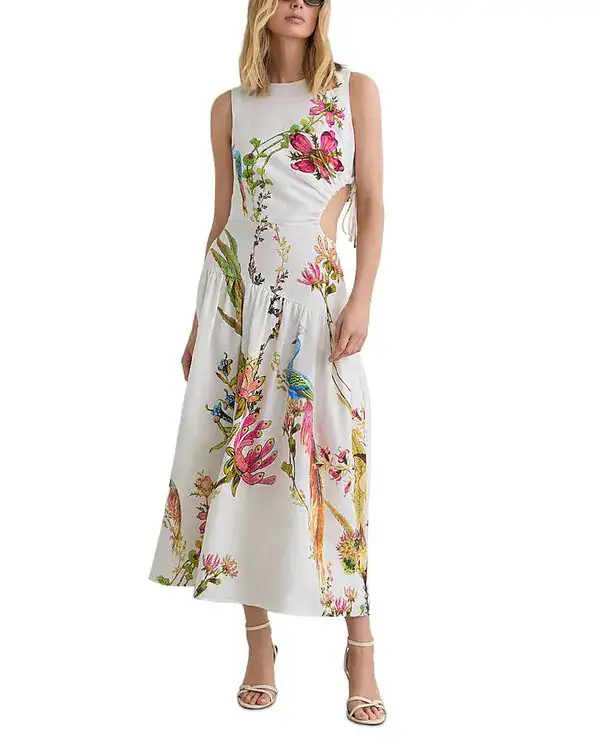 Reiss - Ivory Linen Floral-print Cut-out Midi Dress, 4