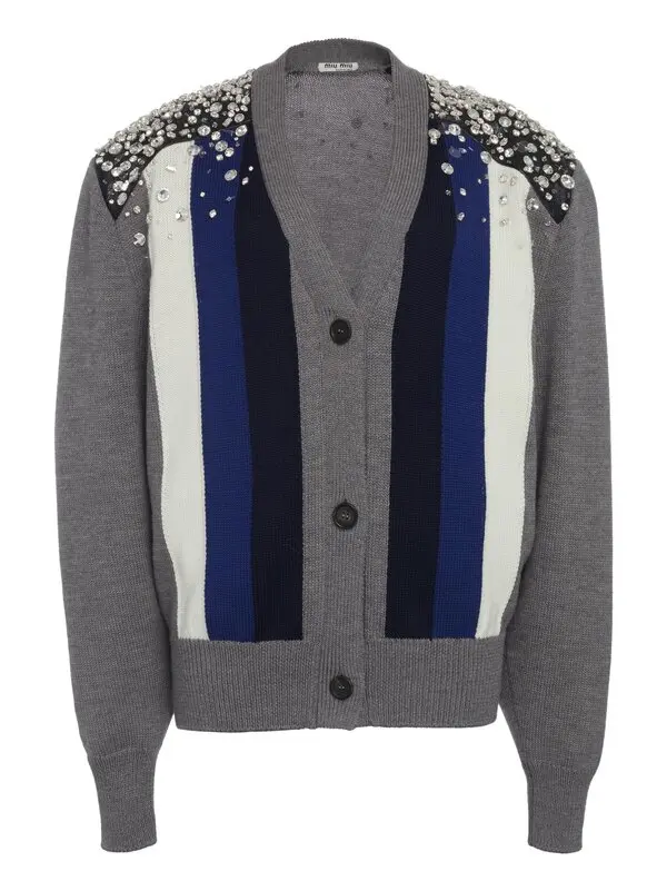Miu Miu Embellished Striped Wool Cardigan - Grey
