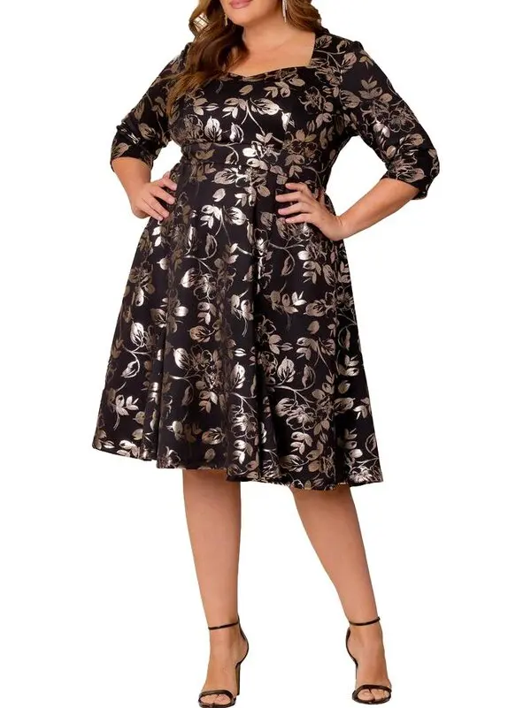 KIYONNA Royal Metallic Flared Dress - Gilded Noir