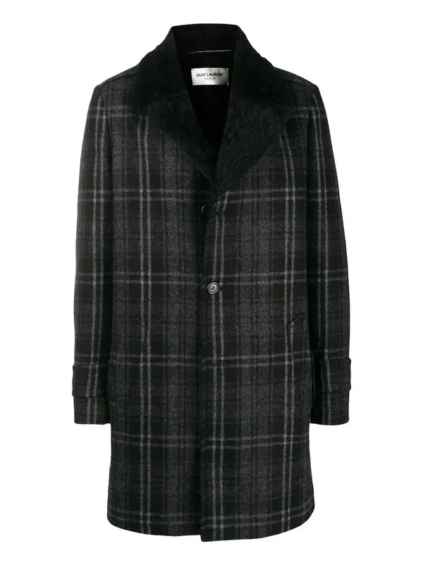 Saint Laurent Checked Wool Coat - Black