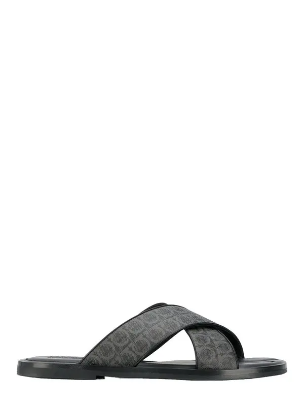 FERRAGAMO Gancini Leather Pool Slides - Grey