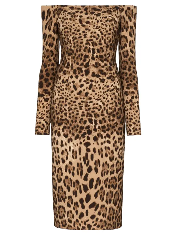Dolce & Gabbana Leopard Print Off-the-shoulder Midi Dress - Brown
