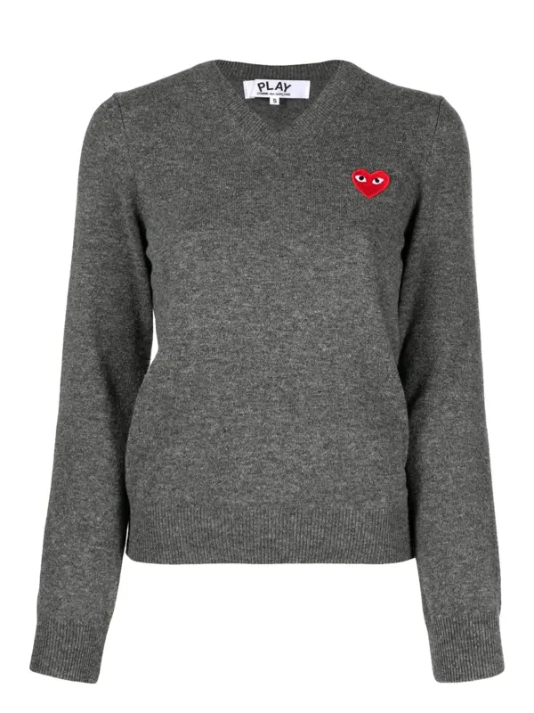 Play Comme Des Garcon Embroidered V-neck Jumper - Grey