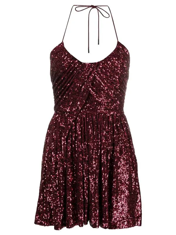 Saint Laurent Sequin Pleated Mini Dress - Red