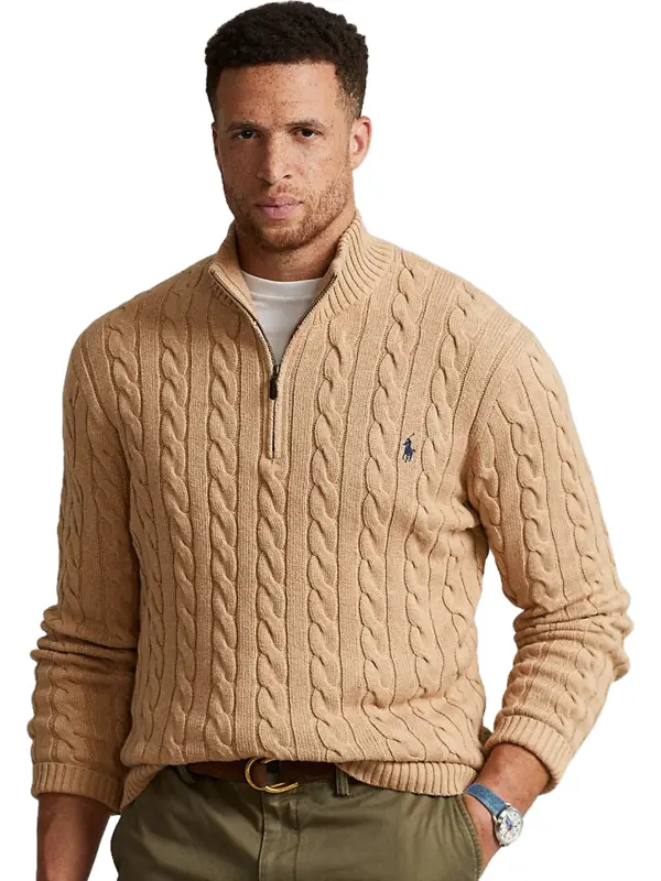 Ralph Lauren Cable-knit Quarter-zip Cotton Sweater - Camel Melange