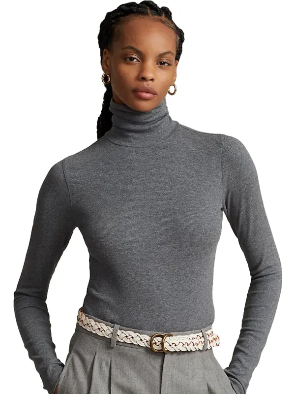 Ralph Lauren Stretch Ribbed Turtleneck - Medium Flannel Heather