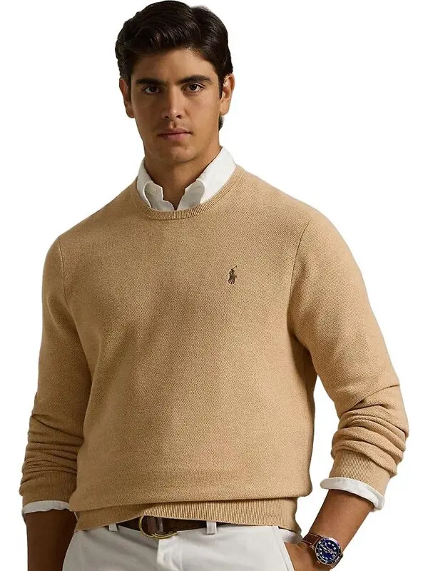 Ralph Lauren Mesh-knit Cotton Crewneck Sweater - Camel Melange