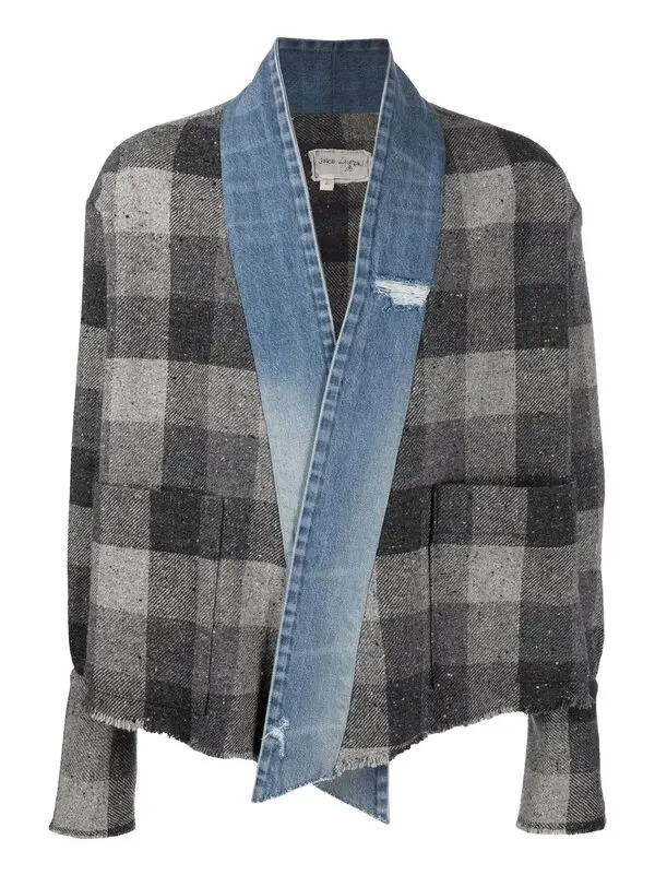 GREG LAUREN Denim-trim Checked Shacket - Grey