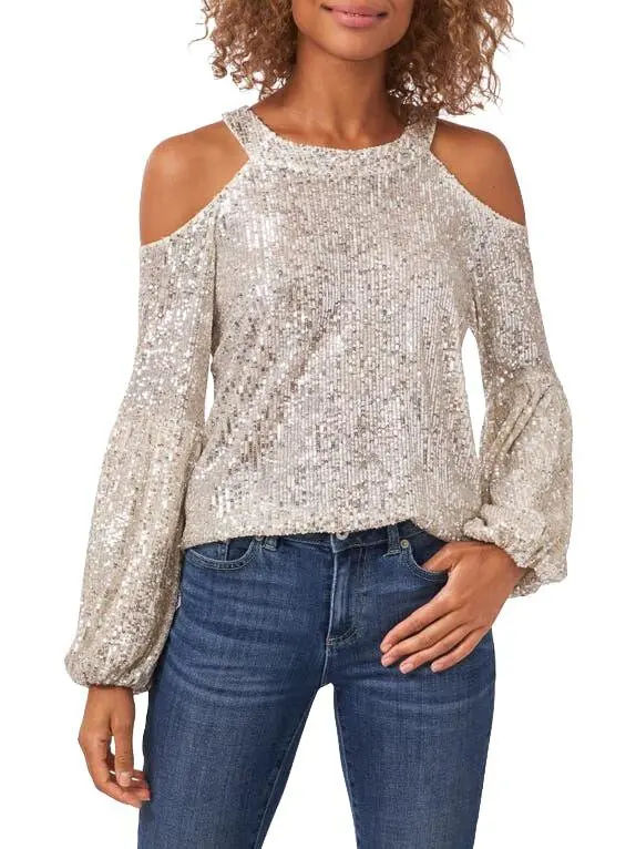 CECE DUPRAZ Sequined Cold Shoulder Top - Champagne
